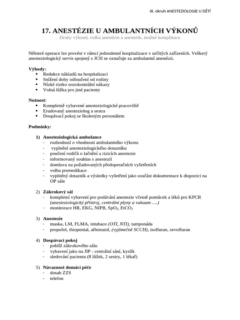 17. Anestézie u ambulantních výkonů | PDF