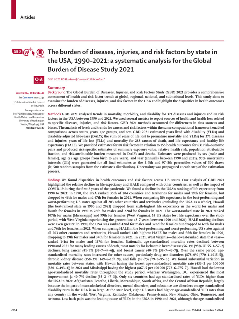 The Burden of Diseases, Injuries, and Risk Factors by State in The USA ...