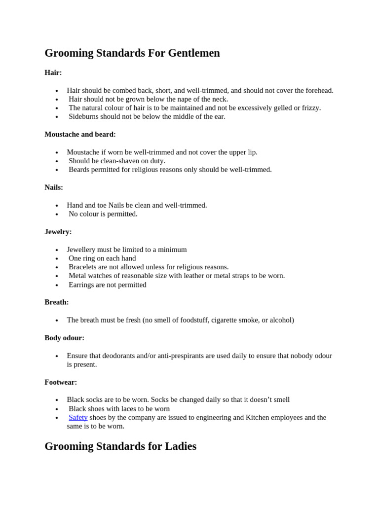 Grooming Standards For Gentlemen | PDF | Waiting Staff | Bartender