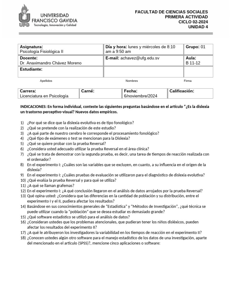 1â Actividad-Psf2 - g01 - 2024 SR | PDF | Dislexia | Experimentar