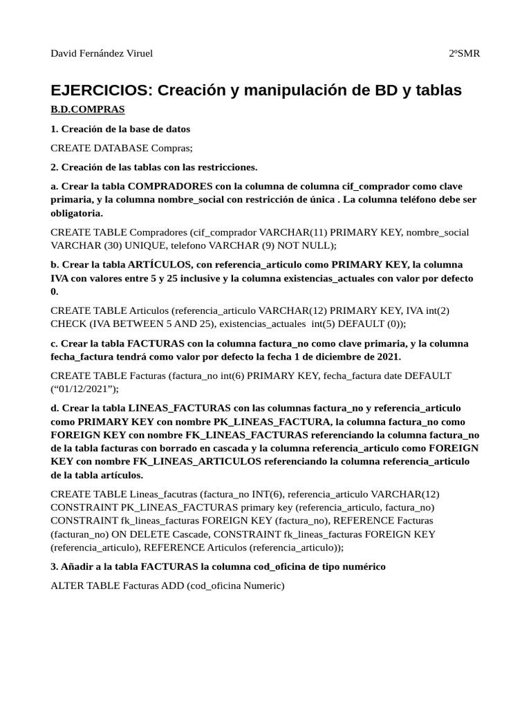 Ejercicios DDL. David Fernández Viruel | PDF | Bases de datos | Software de gestión de datos