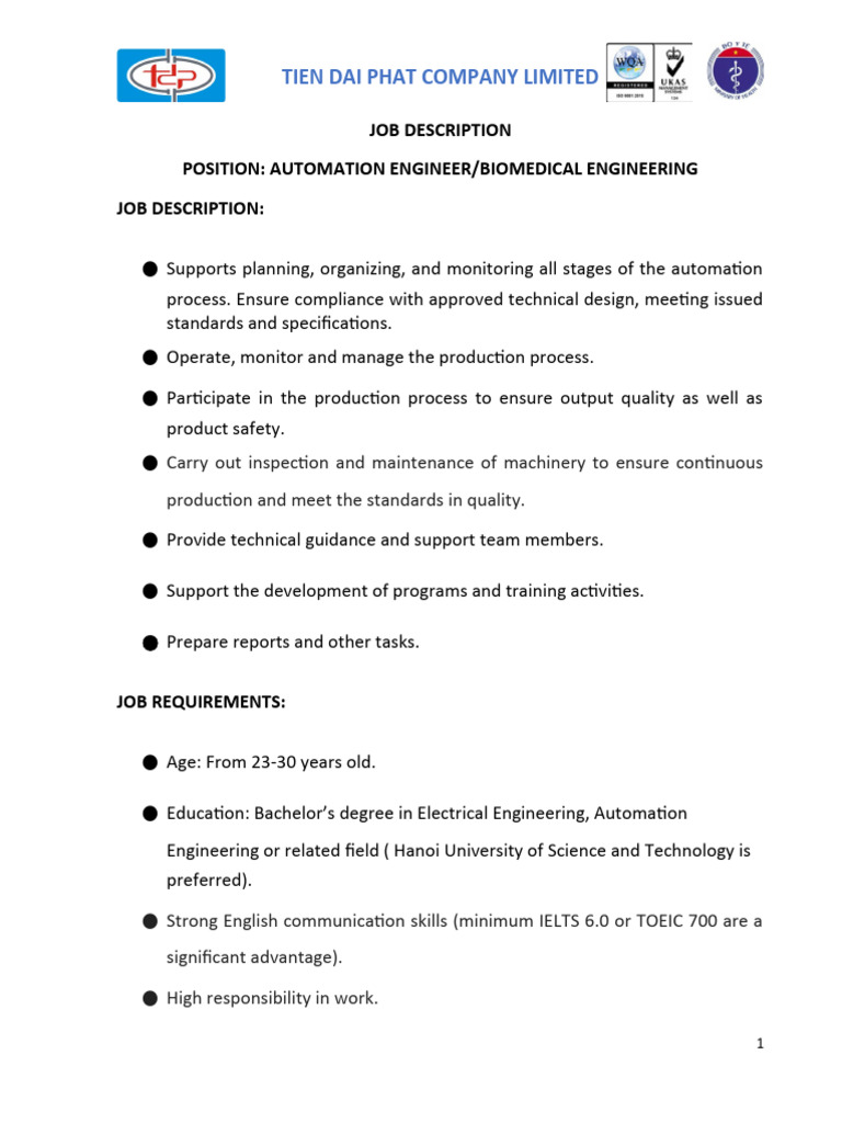 Job Description Automation Engineer 1 1 | PDF