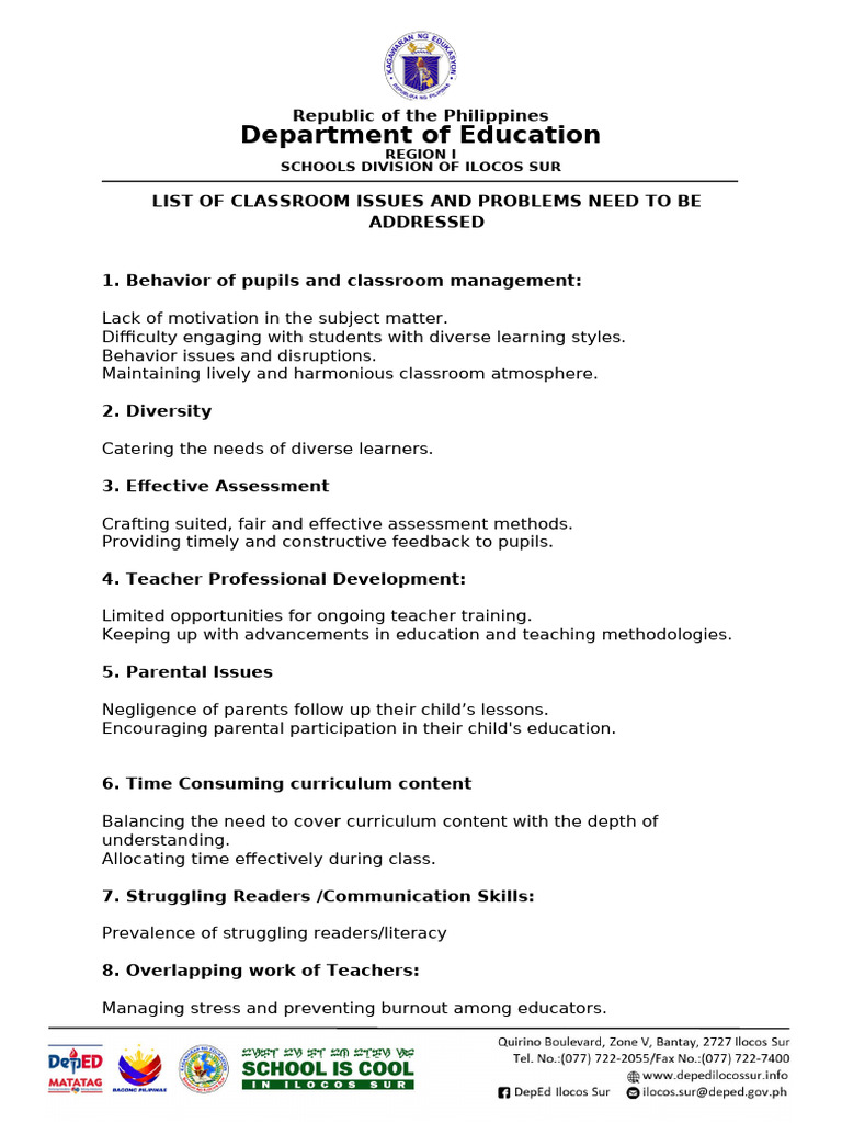 List of Classroom Issues | PDF | Teachers | Classroom Management