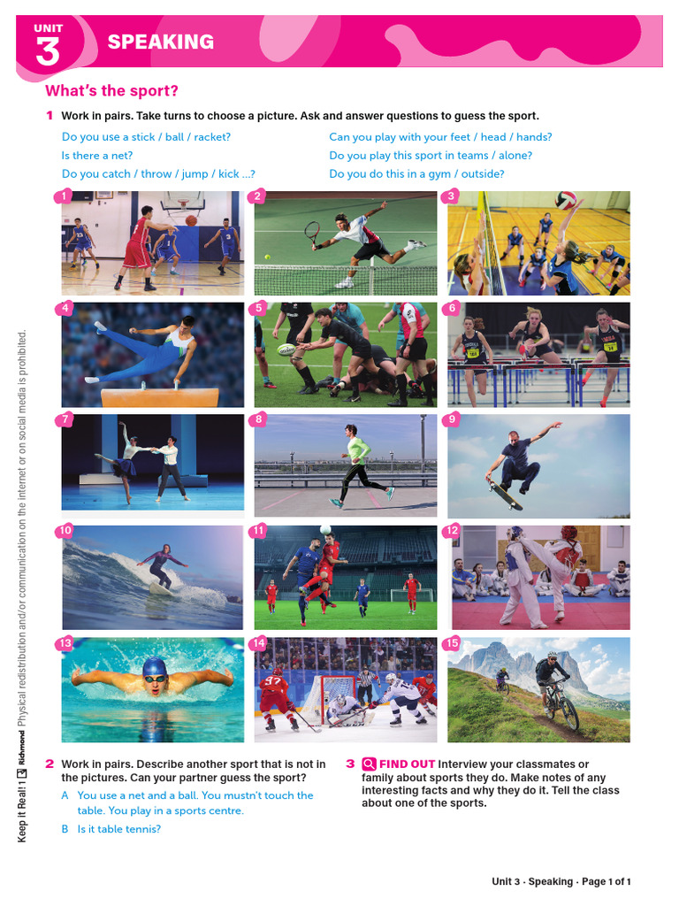 KIR Level 1 Worksheets Unit 3 Speaking | PDF | Table Tennis | Sports