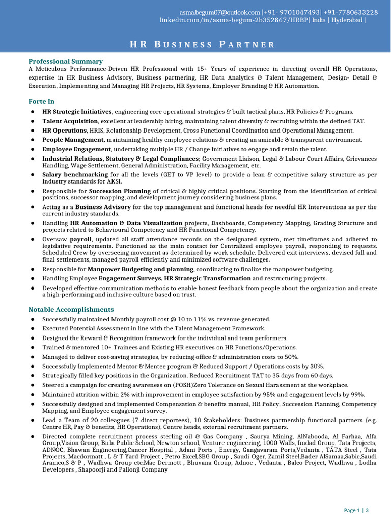 Asma Begum -HRBP | PDF | Recruitment | Human Resources