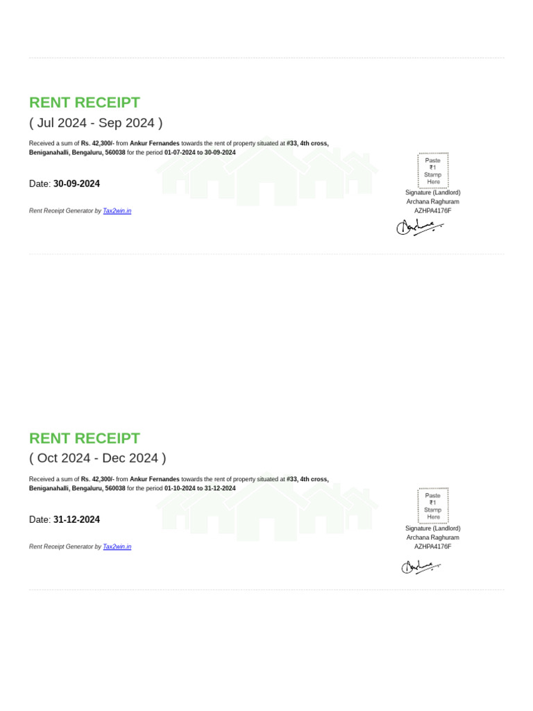 Rent Receipts 2025 | PDF