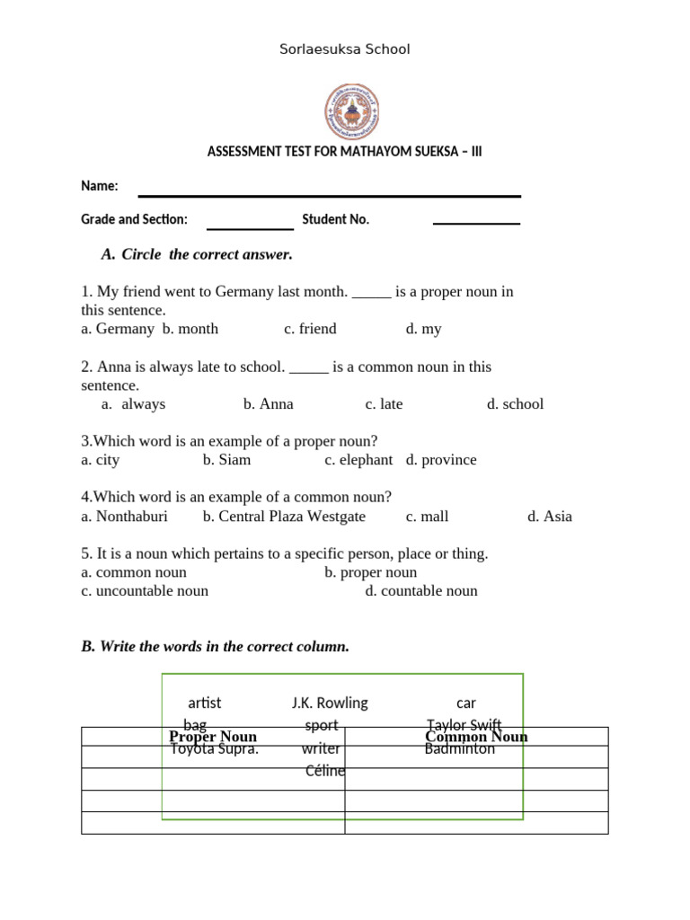 Assessment Test For Mathayom Sueksa 3 | PDF
