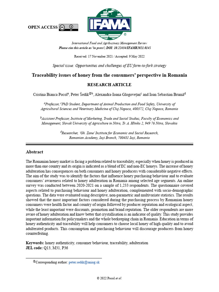 Traceability Issues of Honey From The Consumers P | PDF | Consumer ...