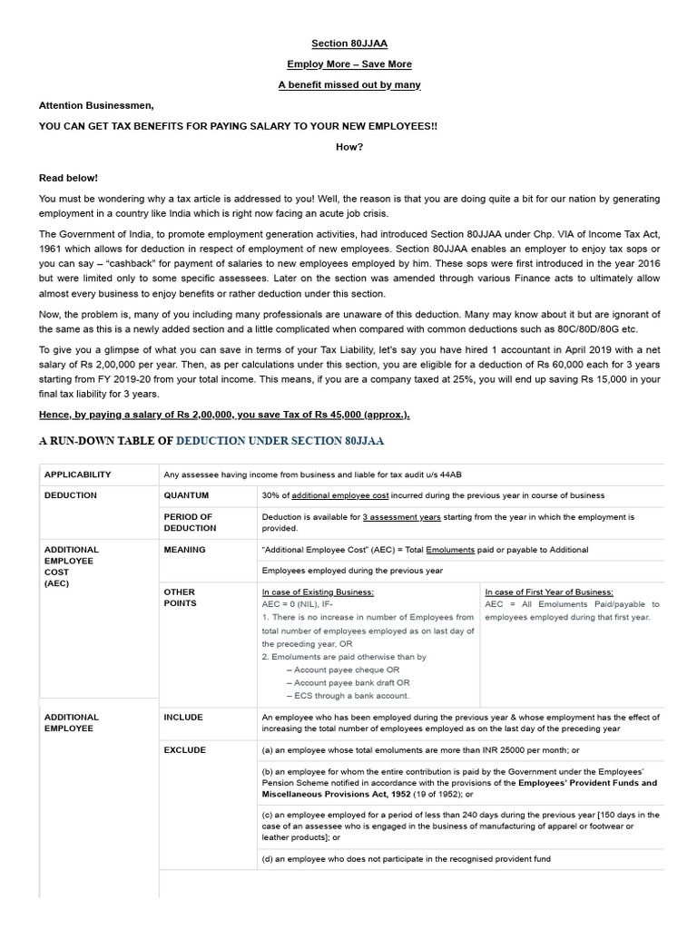 Section 80JJAA Deduction For Salaries Paid To New Employees | PDF ...