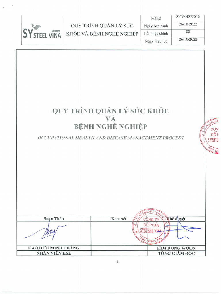 SYV-HSE-010-QUY TRÌNH QUẢN LÝ SỨC KHỎE - BNN | PDF
