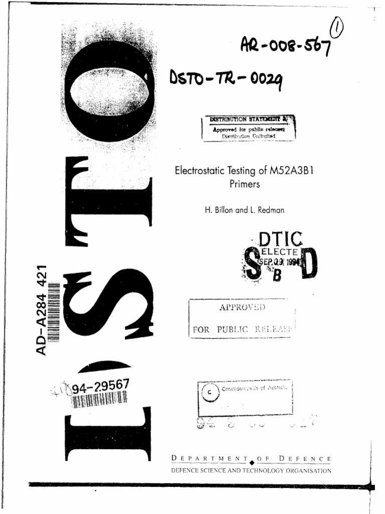 ^^^DTIC_ADA284421 Electrostatic Testing of M52A3B1 Primers | PDF ...