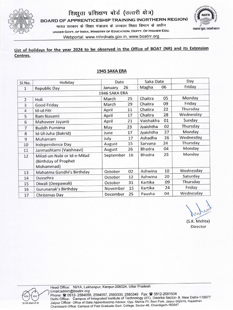 List of Holidays For The Year 2024 | PDF