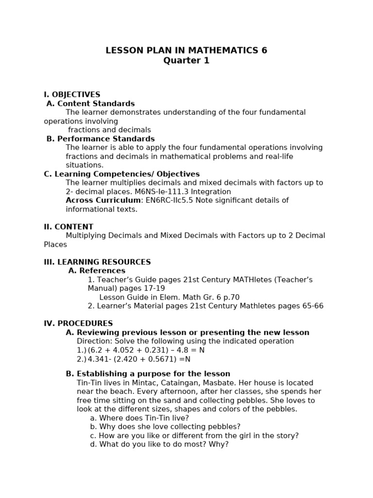 Math Lesson Plan: Multiplying Decimals | PDF | Multiplication | Mathematics
