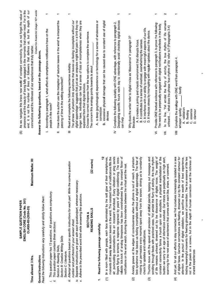 English Core (301) Sample Paper - 1 (2024-2025) - 1 | PDF