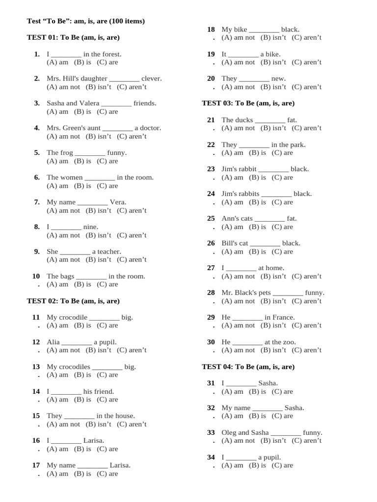 To Be Test: am, is, are (100 Questions) | PDF