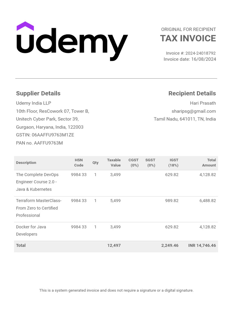 Udemy Invoice for DevOps Courses | PDF