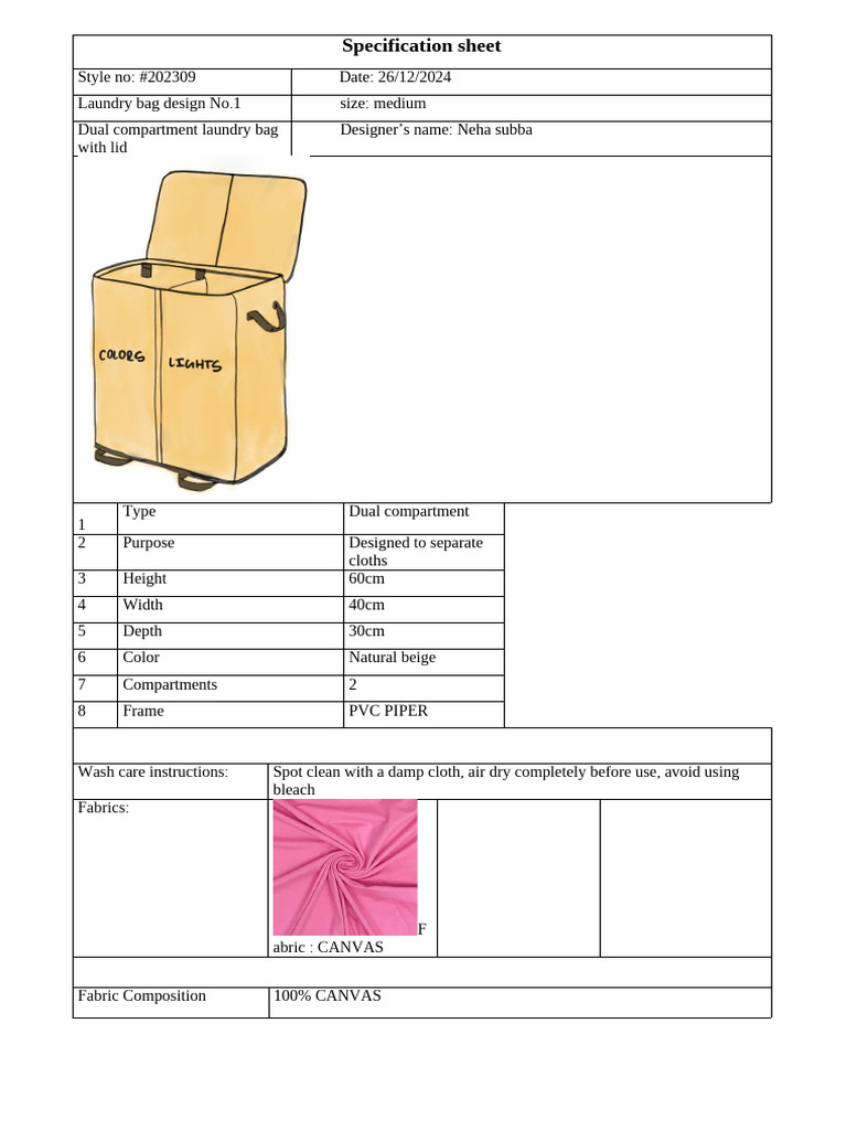 specification sheet product dev | PDF | Laundry | Canvas