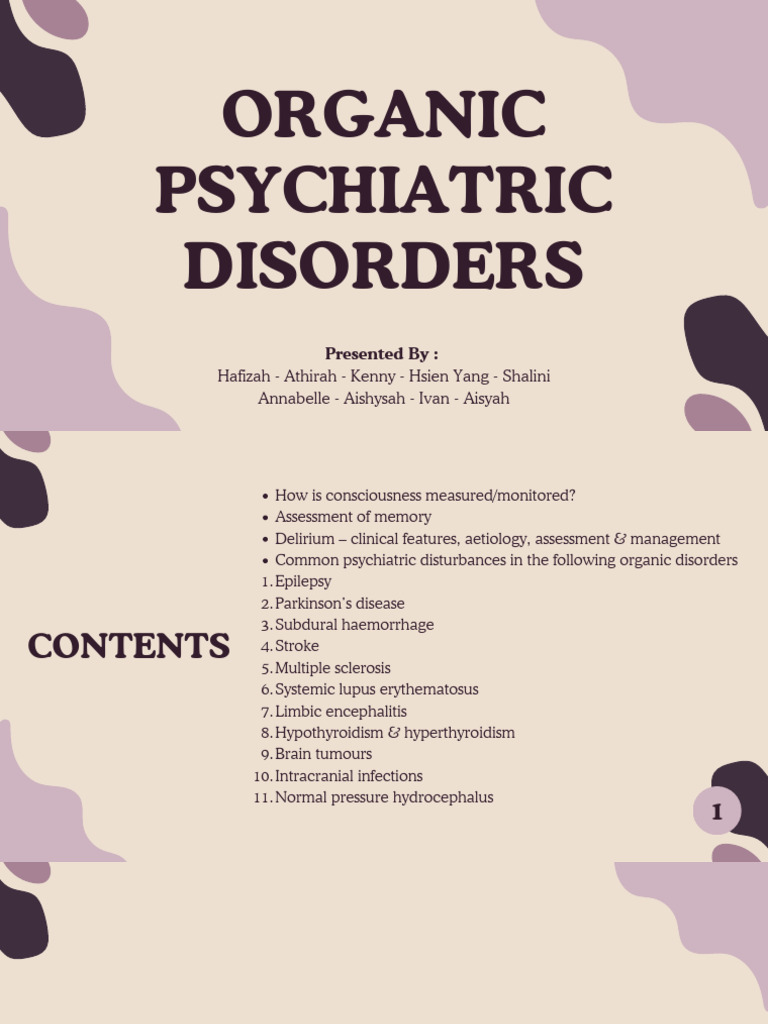 Organic Psychiatric Disorders Guide | PDF | Coma | Consciousness