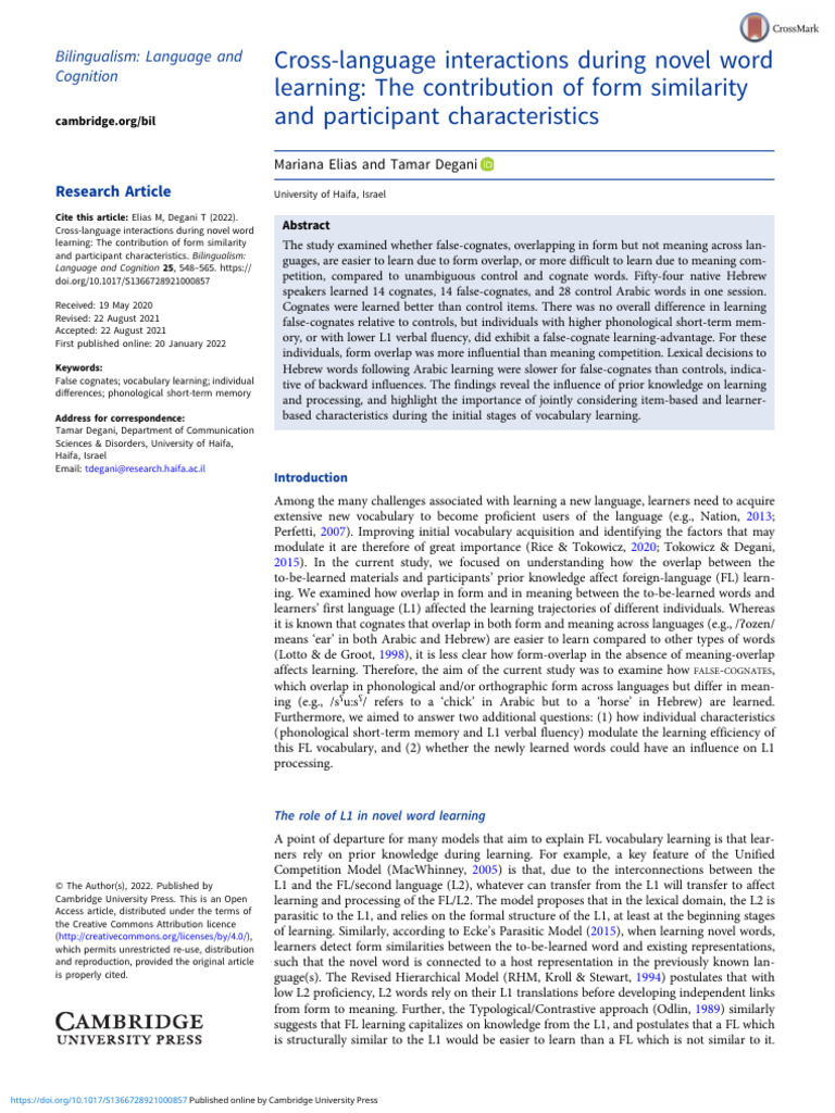 Crosslanguage Interactions During Novel Word Learning The Contribution ...