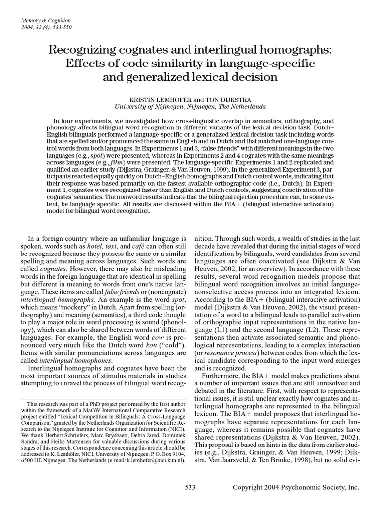 Recognizing Cognates and Interlingual Homographs Effects of Code ...