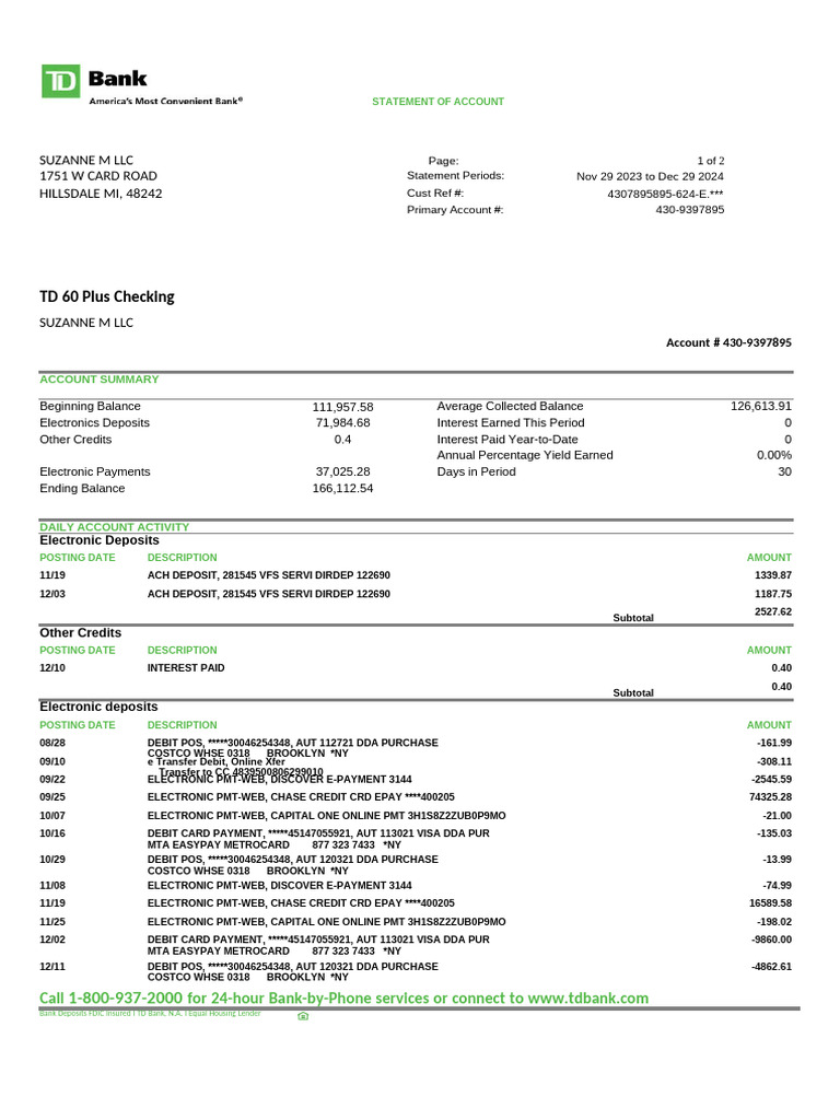 USA TD Bank Statement BankStatements | PDF | Debit Card | Banks