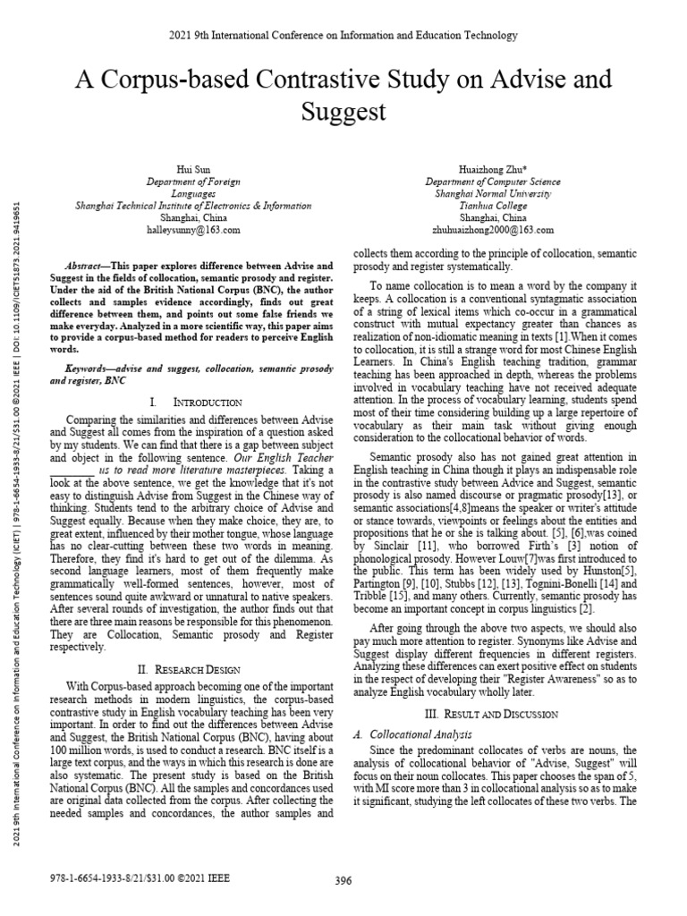 A Corpus-Based Contrastive Study On Advise and Suggest | PDF | Human ...