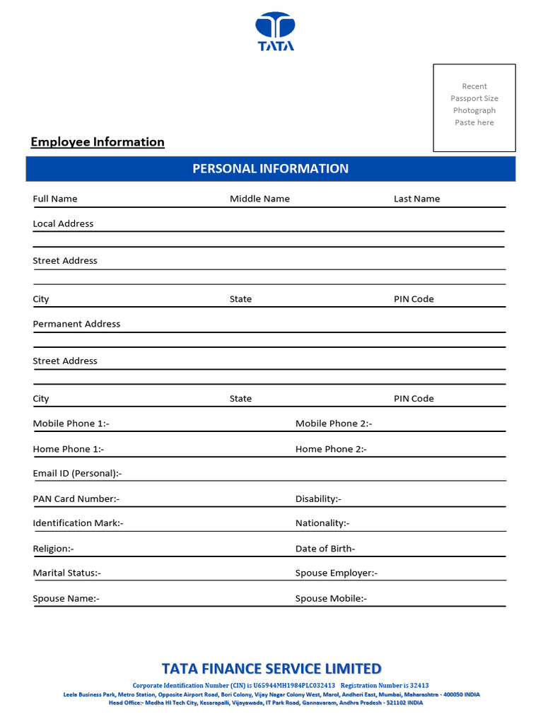 Tata Finance Service Limited Employee Joining Form | PDF | Identity ...