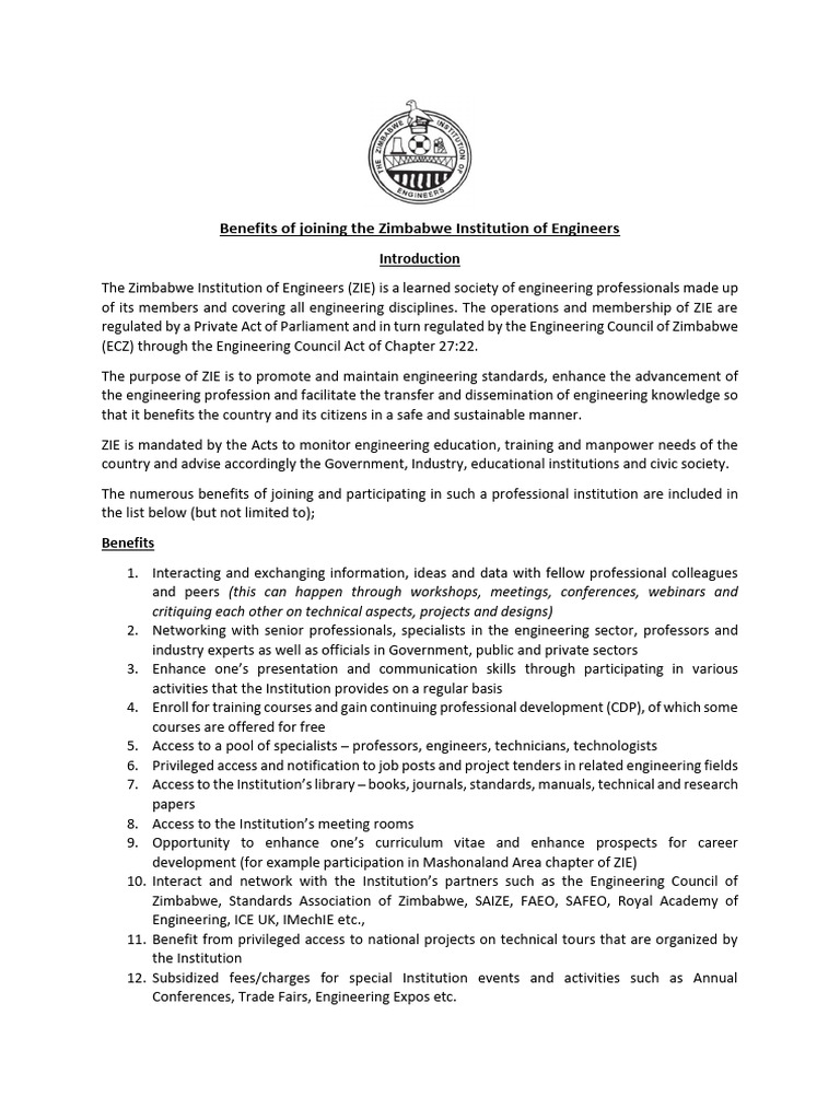 Benefits of Joining The Zimbabwe Institution of Engineers | PDF ...