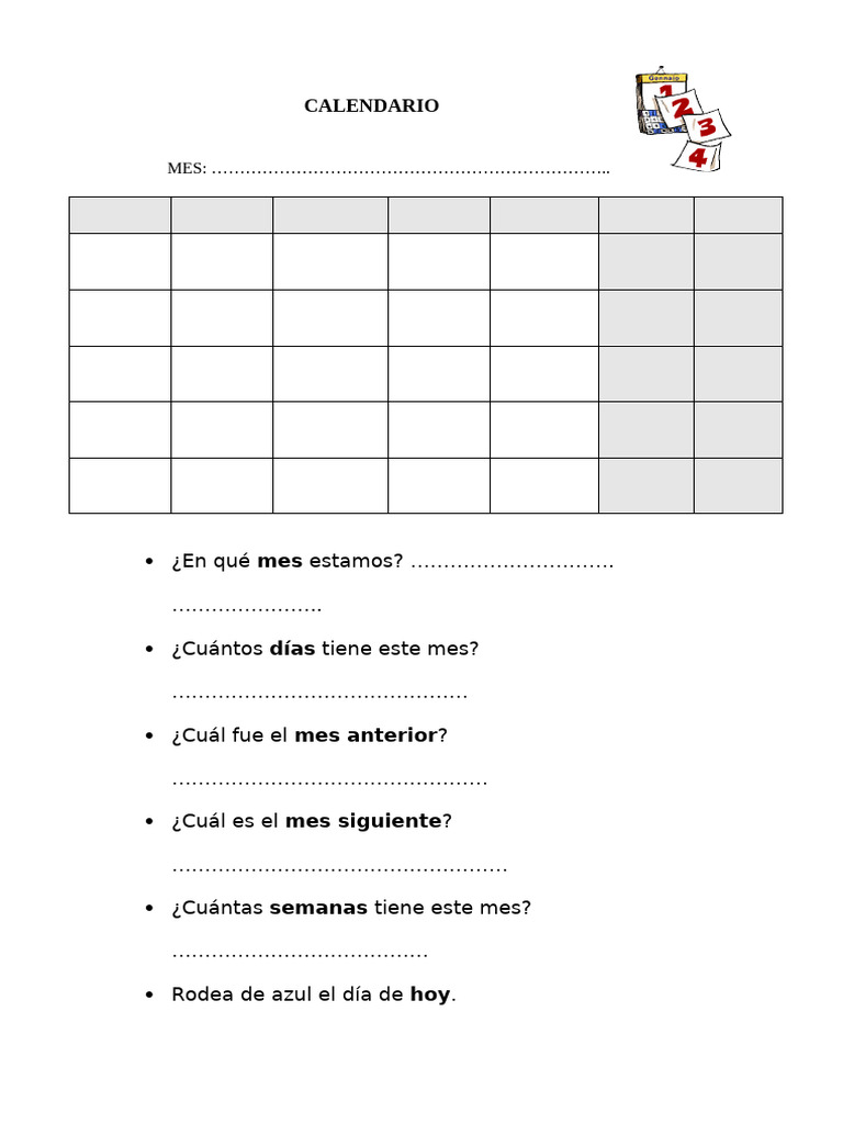 Ficha CALENDARIO Mes | PDF