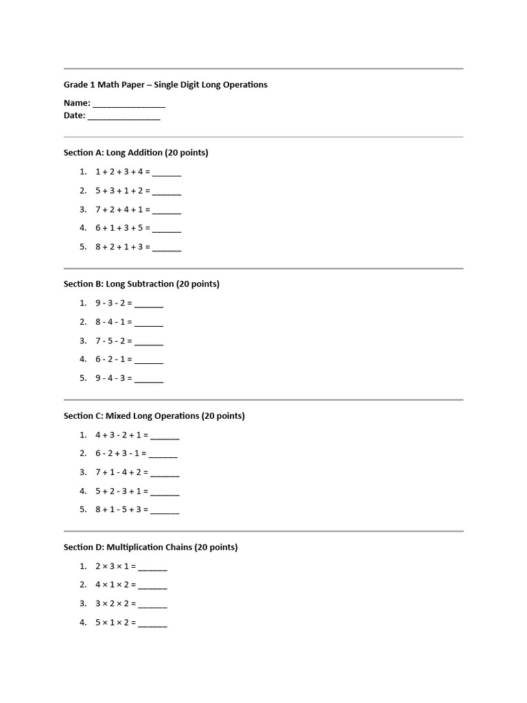 Grade 1 Math Paper | PDF