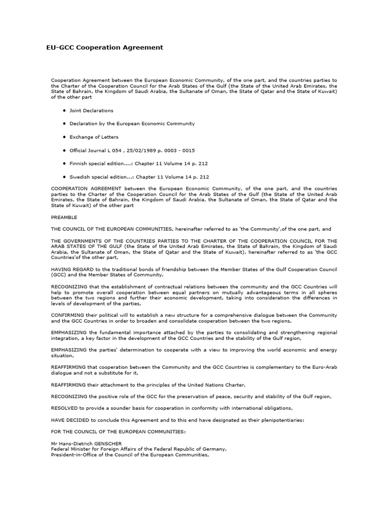 EU-GCC Cooperation Agreement | PDF | Gulf Cooperation Council | Arab ...