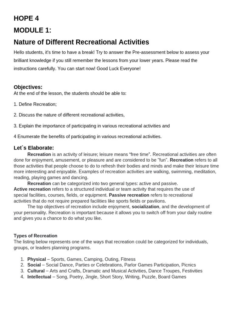 HOPE 4 Module 1 Quarter 3 | PDF | Recreation | Diabetes