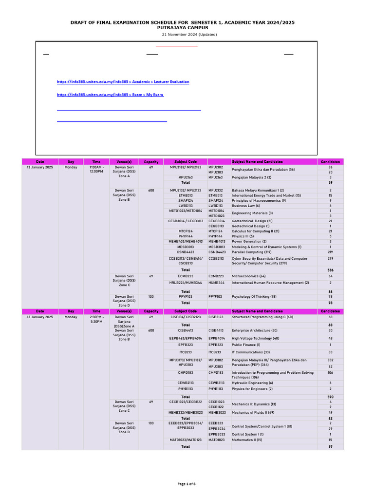 draft-of-final-examination-schedule-for-semester-1-2024-2025 | PDF | Engineering | Mathematics