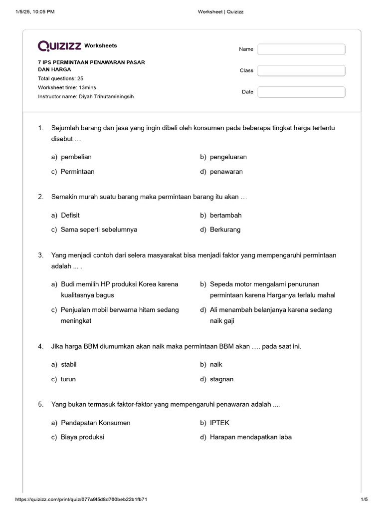 quizz permintaan, penawaran, harga dan pasar | PDF