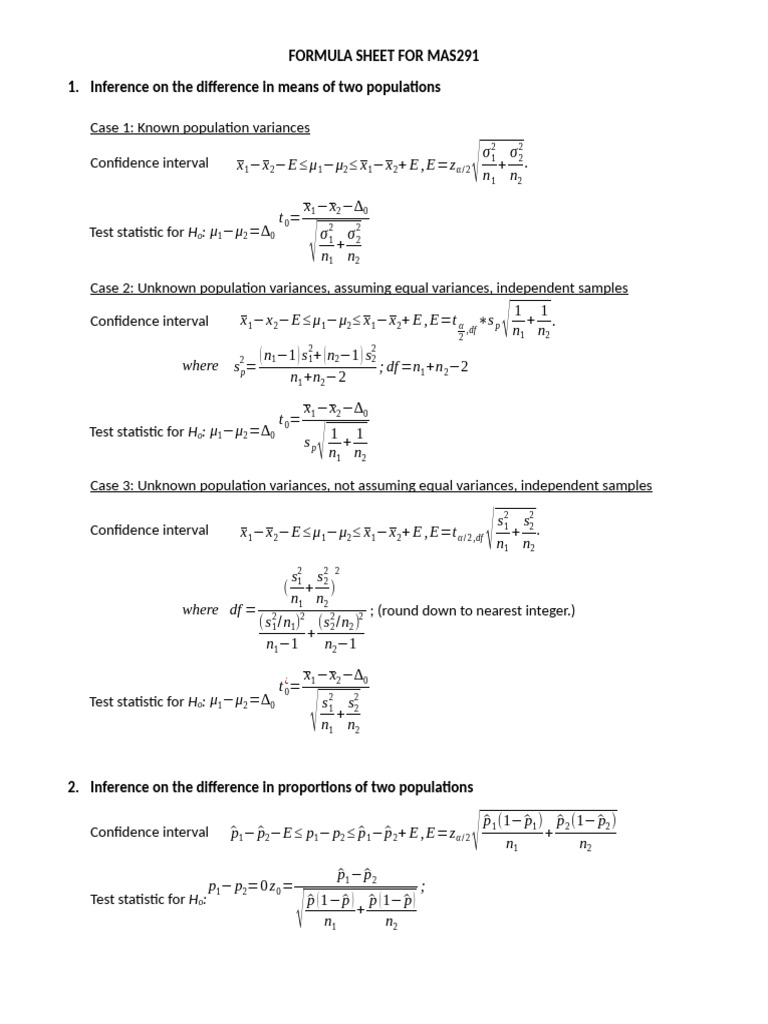 MAS291 Statistical Inference Formula Sheet | PDF | Variance | Data Analysis