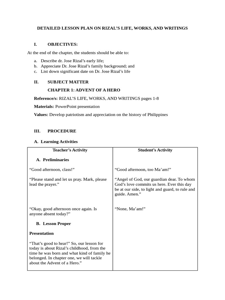 Detailed Lesson Plan On Rizal | PDF | Philippines