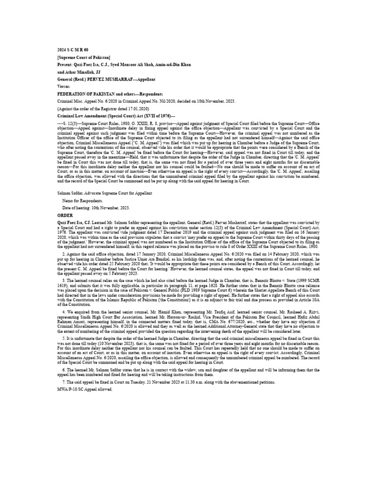 2024 S C M R 60 Pervez Musharraf Appeal Against Acquittal Fixed Without ...