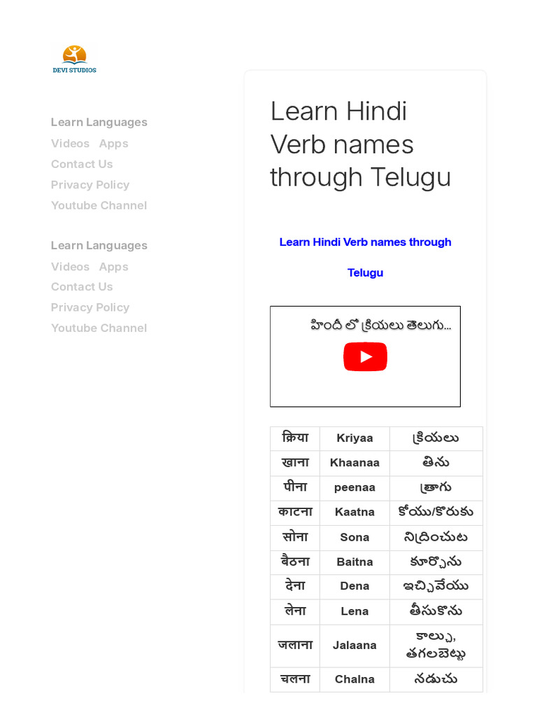 Learn Hindi Verb Names Through Telugu - DeVI STUDIOS | PDF