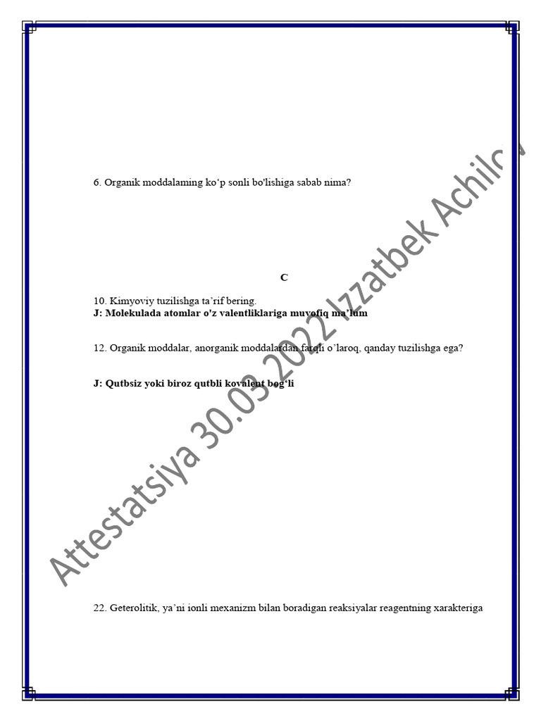 Organika-savol javobi | PDF