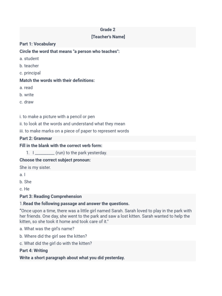 Grade2englishtestgrammarreadingwriting 1 | PDF