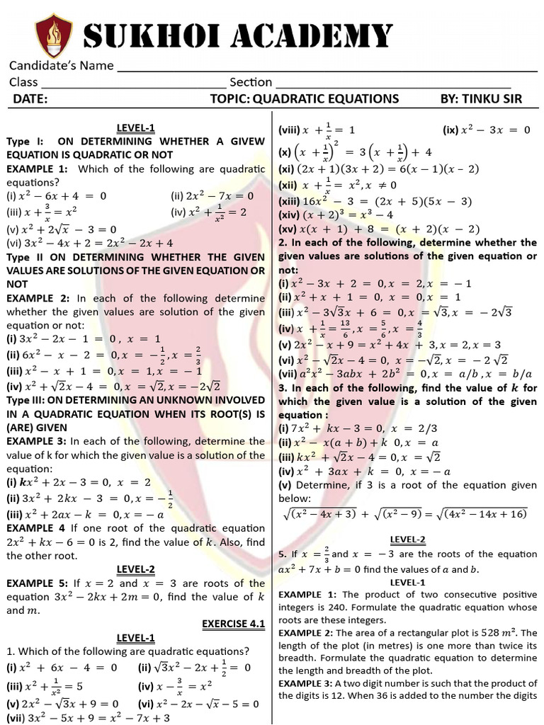 Chapter 4 Quadratic Equations Pdf Quadratic Equation Factorization