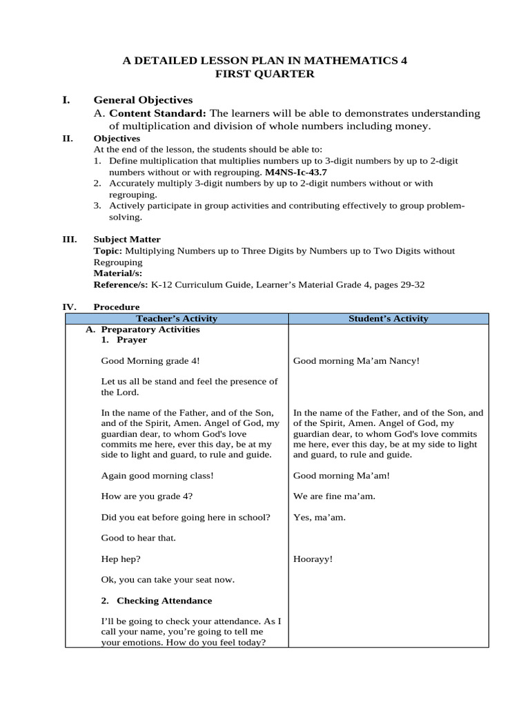 A Detailed Lesson Plan in Mathematics 2 | PDF | Lesson Plan | Curriculum