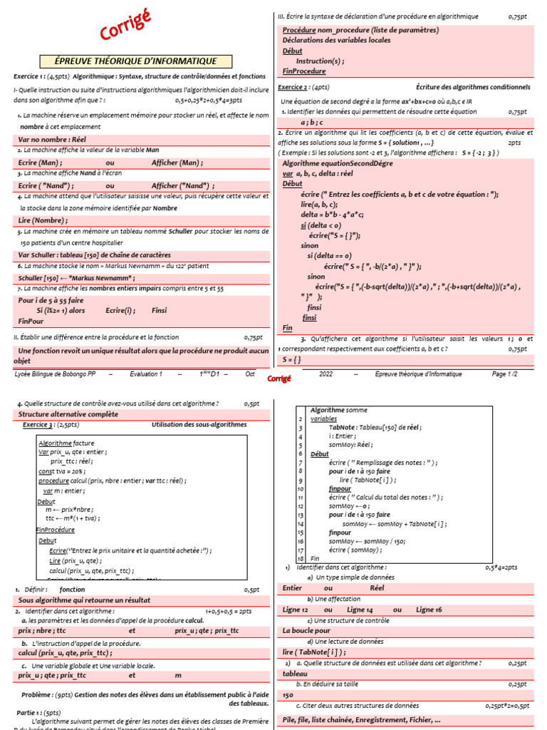 Corrigé info Eval 1 PD Lycée de Ha | PDF | Informatique | Programmation informatique