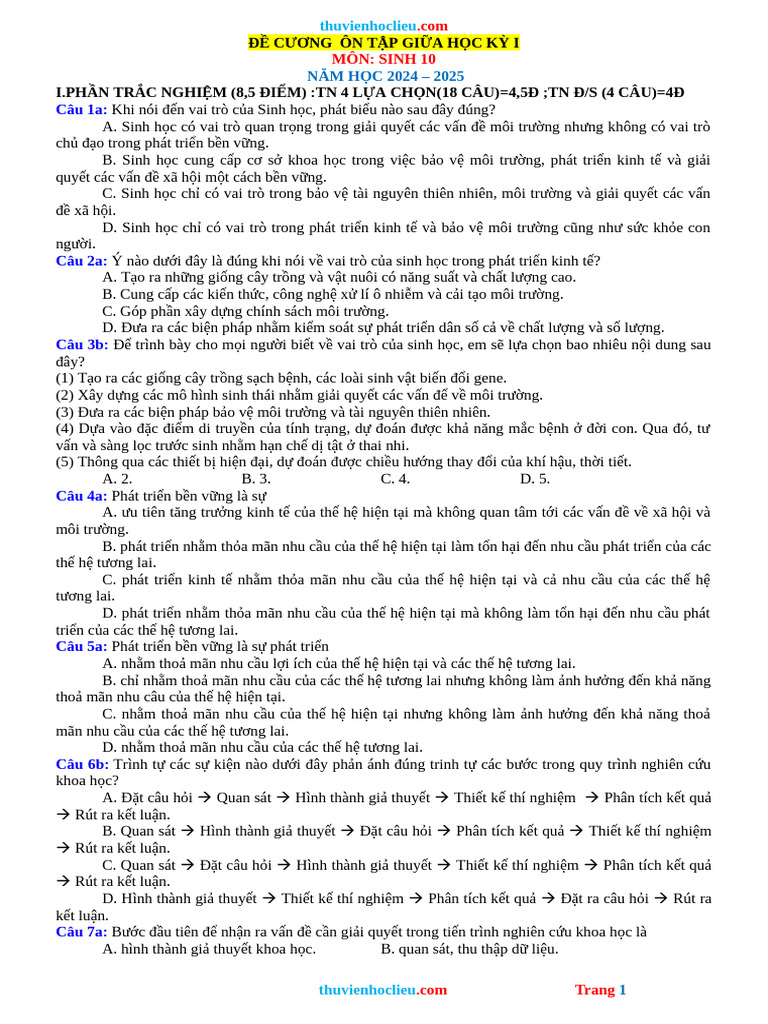 De-cuong-on-tap-giua-HK1-Sinh-10-Canh-dieu | PDF