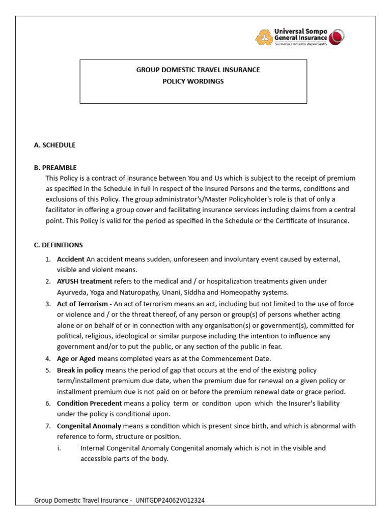 group-domestic-travel-policy-wording | PDF | Insurance | Deductible