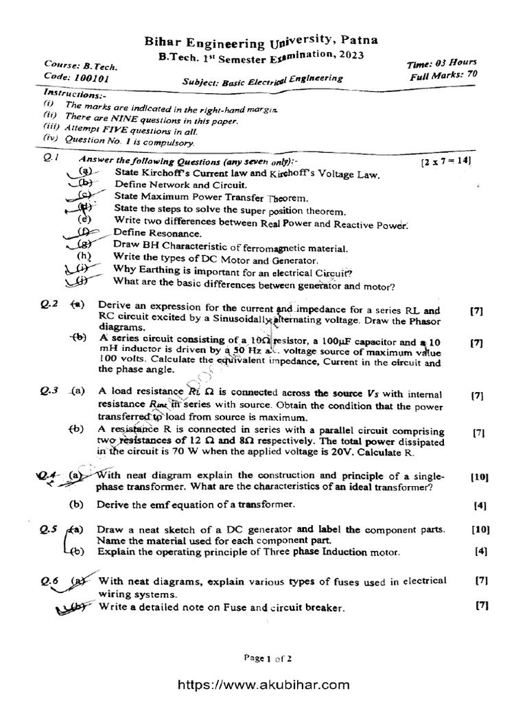 Btech 1 Sem Basic Electrical Engineering 100101 2023 | PDF