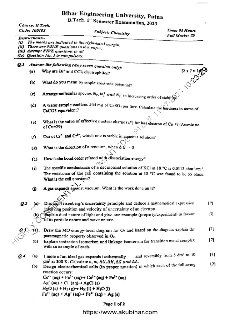 Btech 1 Sem Chemistry 100103 2023 | PDF