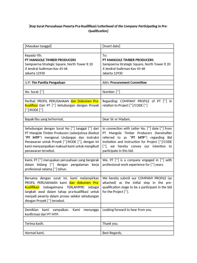 (2) Draft Cover Letter for Company Profile submission from Bidders to ...