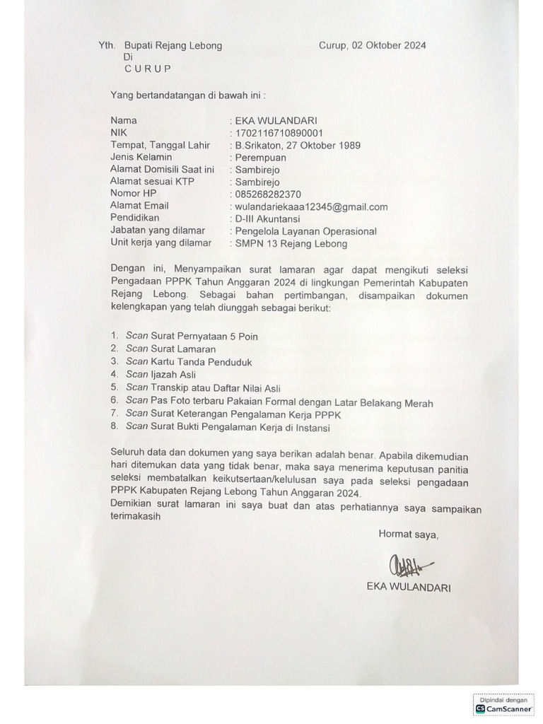 Surat Lamaran Eka | PDF
