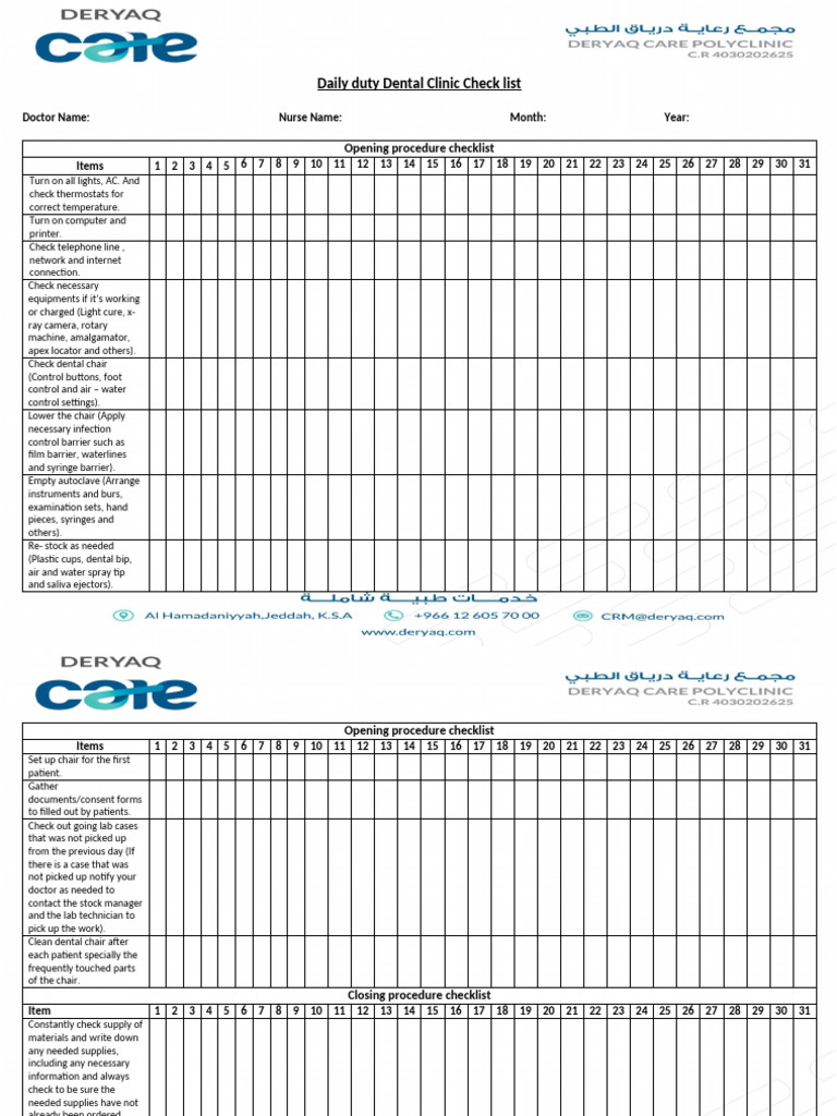 Daily Dental Clinic Checklist | PDF